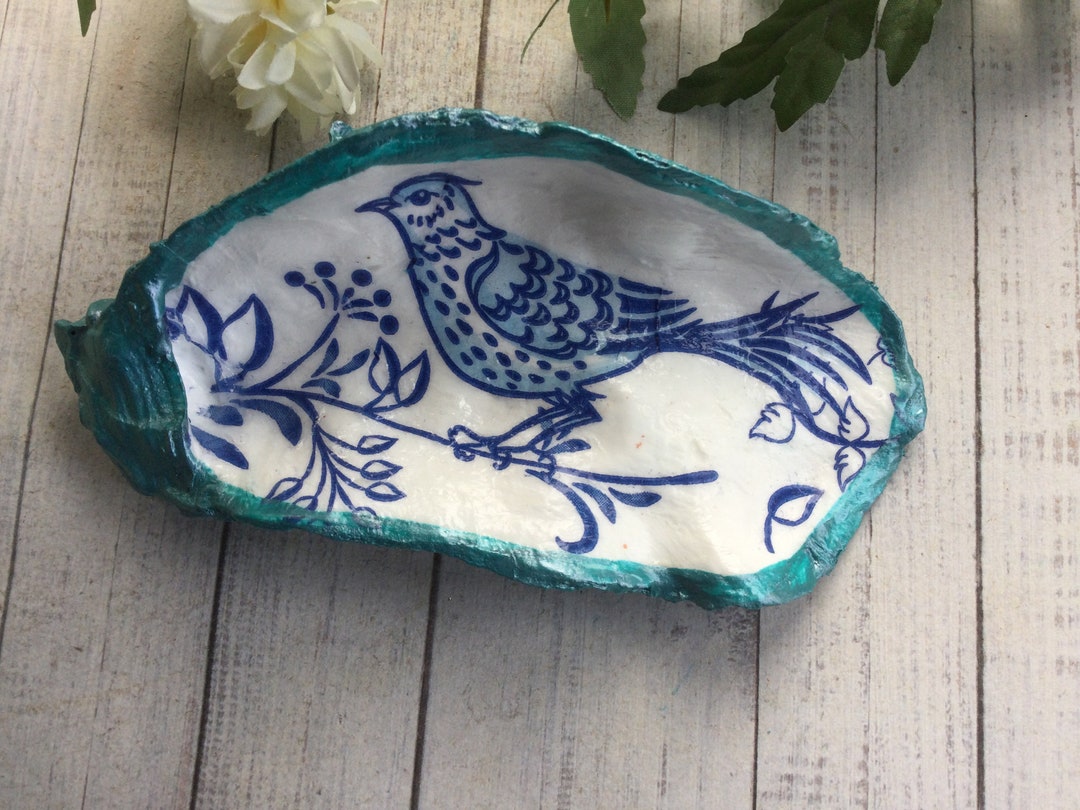 Blue Bird Ornament Oyster Shell. Bird Lovers Gift. Decoupaged Oyster ...