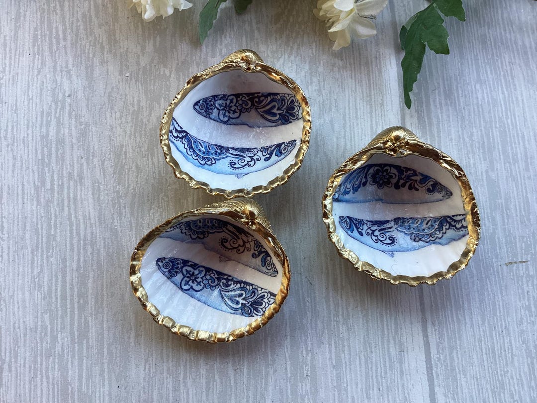 Gold Rim Shell Ring Dish: Blue Paisley Fish Decor - Etsy