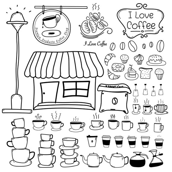 Hand Drawn Doodle Coffee Shop Clipart Doodle Coffee Clipart Etsy 
