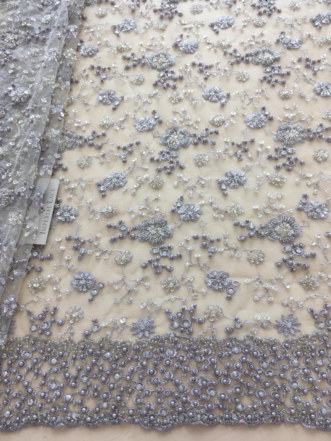 Gray Lace Fabric Luxury 3D Beaded Lace Fabric Hand Made Pearl | Etsy