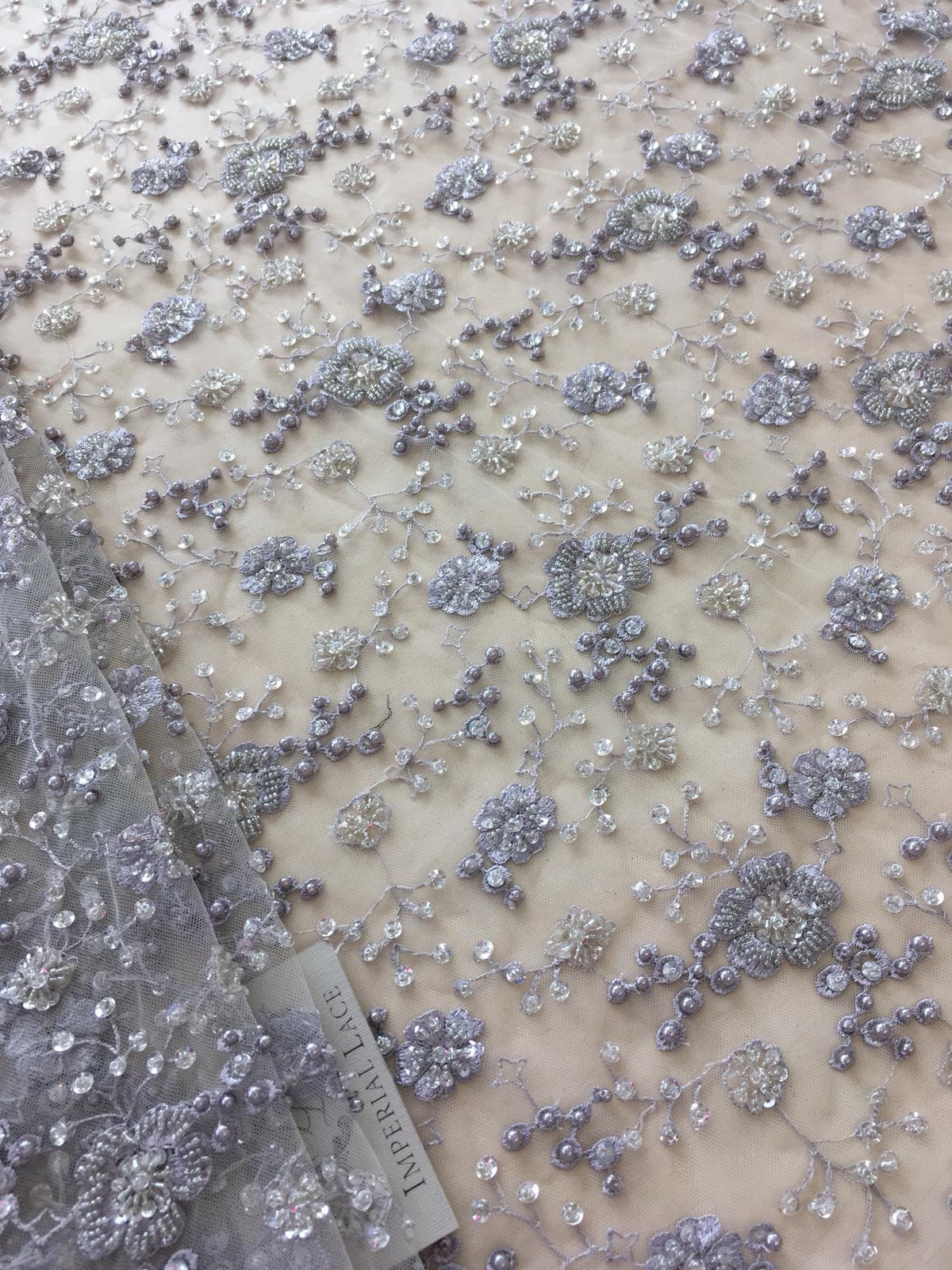 Gray Lace Fabric Luxury 3D Beaded Lace Fabric Hand Made Pearl | Etsy