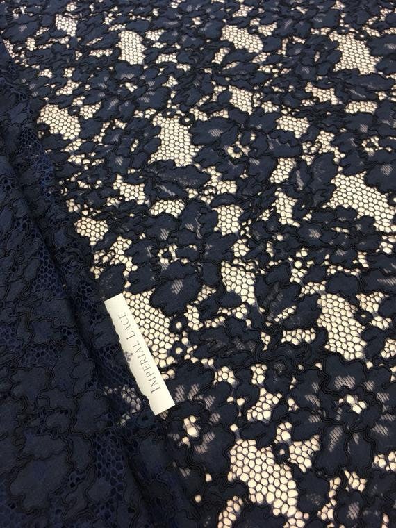 Dark blue Lace Fabric French Lace Embroidered lace Wedding | Etsy
