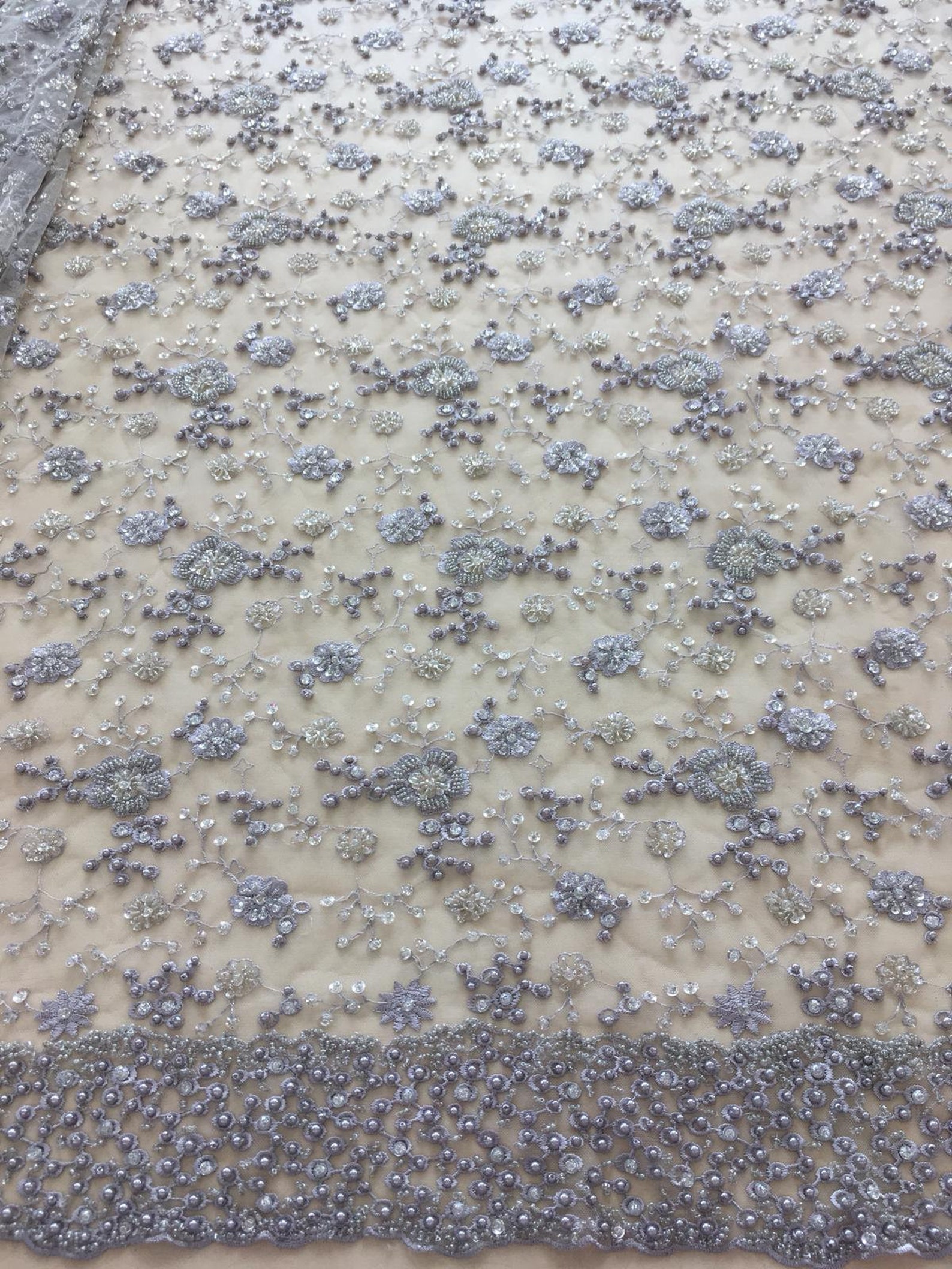 Gray Lace Fabric Luxury 3D Beaded Lace Fabric Hand Made Pearl - Etsy