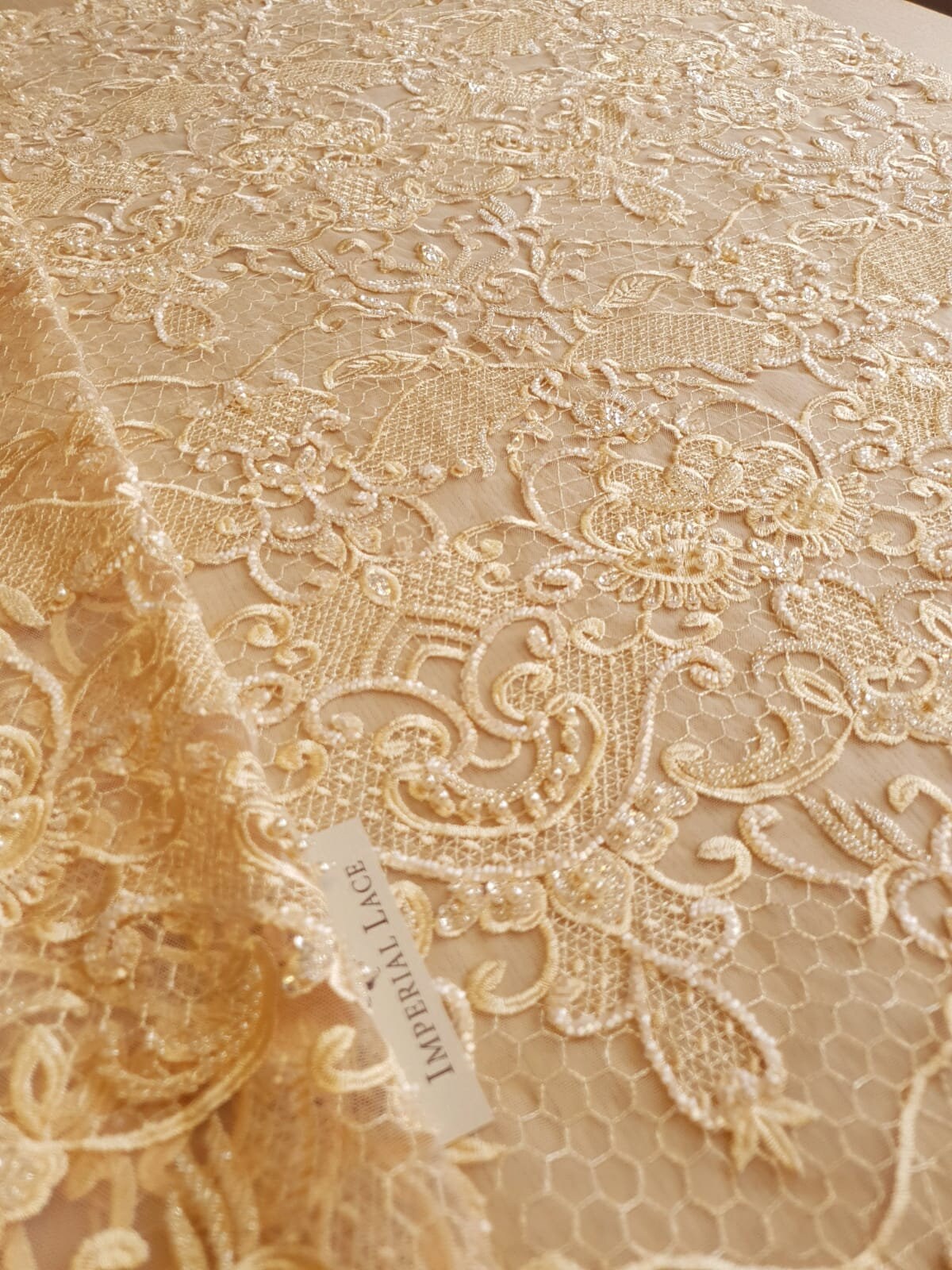 Yellow 3D Beaded Lace Fabric: French Chantilly Wedding Veil Lace - Etsy
