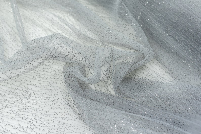 Gray Embroidered Tulle Fabric, Sequin Fabric, Crinkled Tulle ...