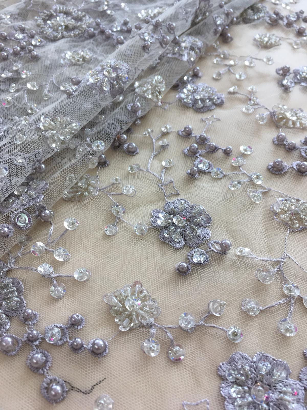 Gray Lace Fabric Luxury 3D Beaded Lace Fabric Hand Made Pearl - Etsy