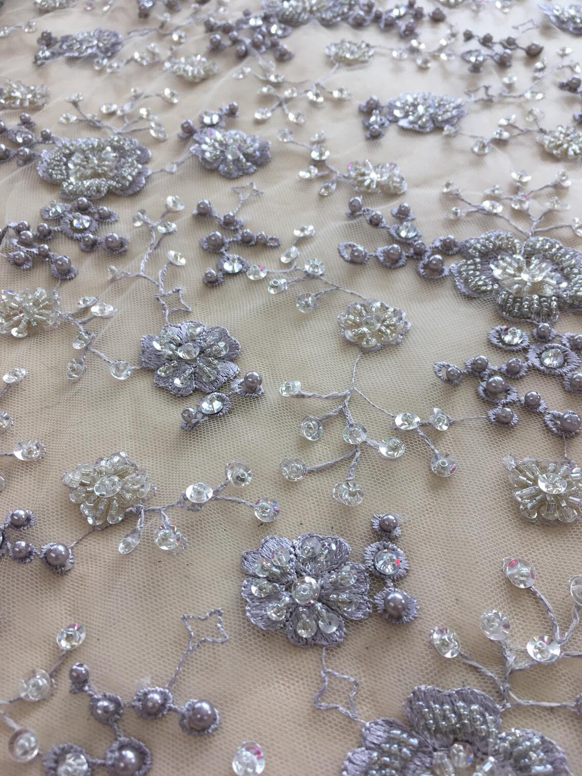 Gray Lace Fabric Luxury 3D Beaded Lace Fabric Hand Made Pearl | Etsy