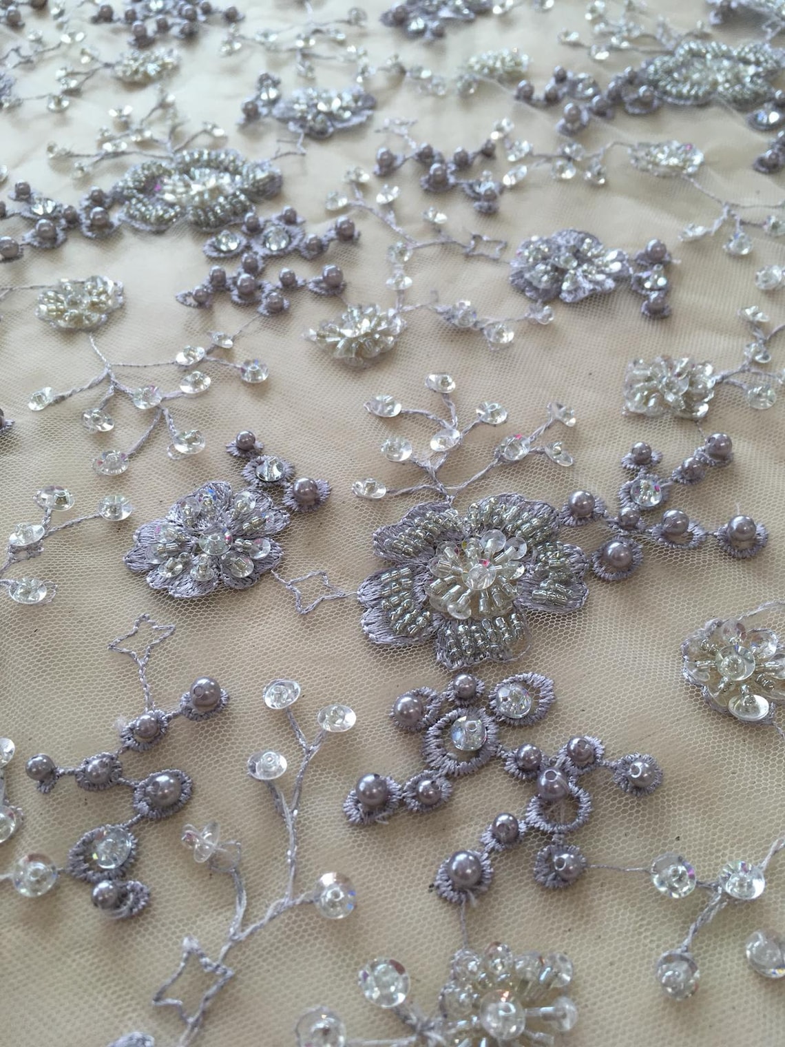 Gray Lace Fabric Luxury 3D Beaded Lace Fabric Hand Made Pearl | Etsy