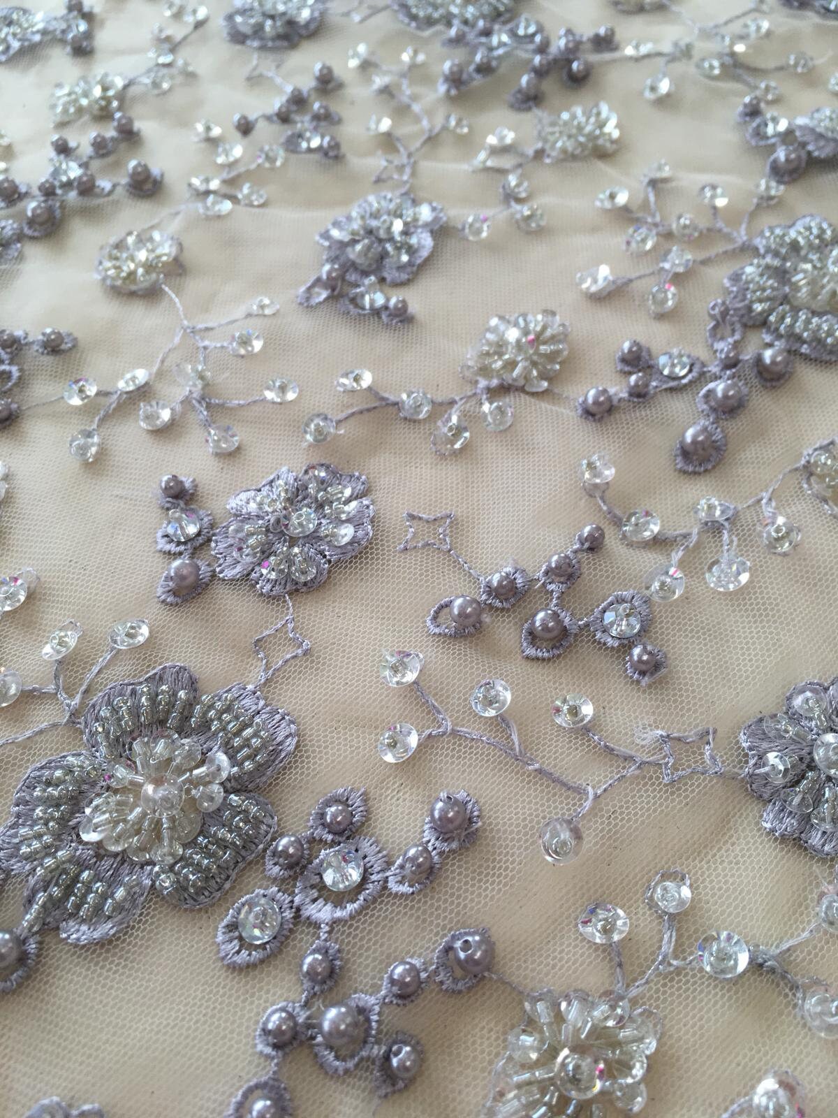 Gray Lace Fabric Luxury 3D Beaded Lace Fabric Hand Made Pearl - Etsy