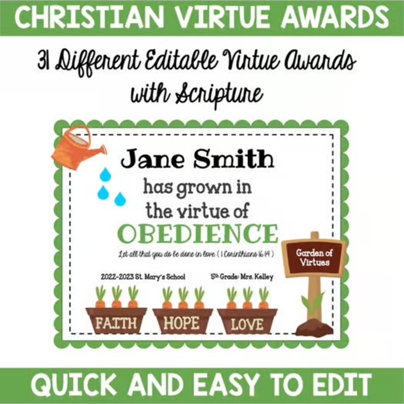 Editable Virtue Awards Christian: Growing in Virtue - Etsy