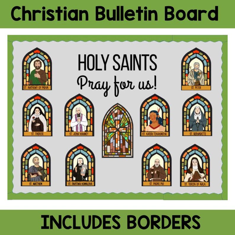 Catholic Saints Bulletin Board Kit: Stained Glass All Saints Day Decor ...