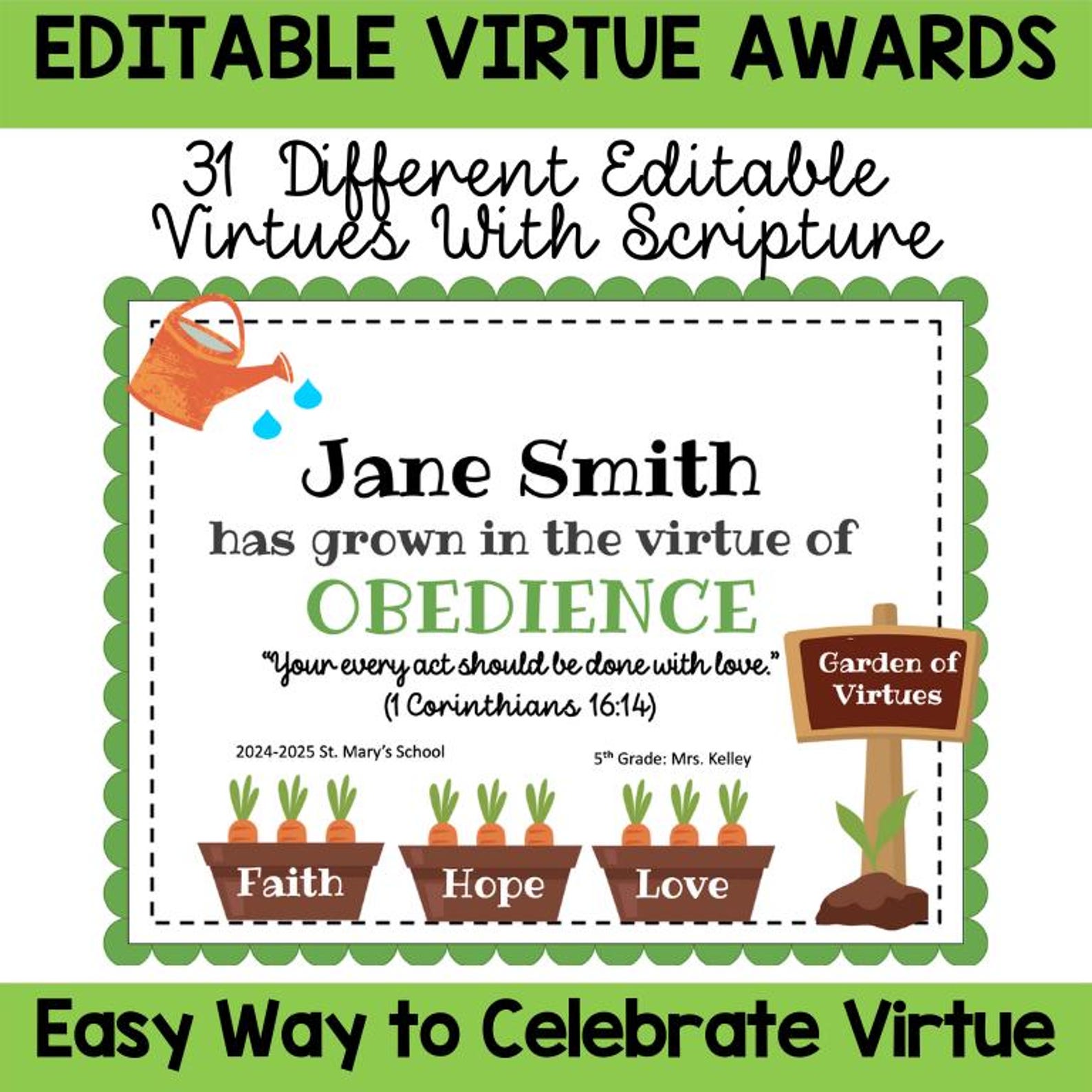 Editable Virtue Awards Christian: Growing in Virtue - Etsy