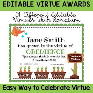 Editable Virtue Awards Christian: Growing in Virtue - Etsy
