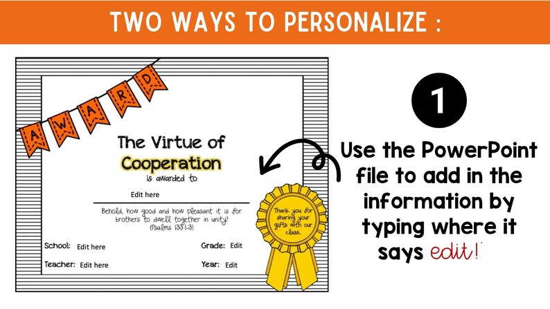 Awards: Editable Christian Virtue Awards With Scripture (yellow and ...