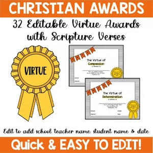 Awards: Editable Christian Virtue Awards With Scripture (yellow and ...
