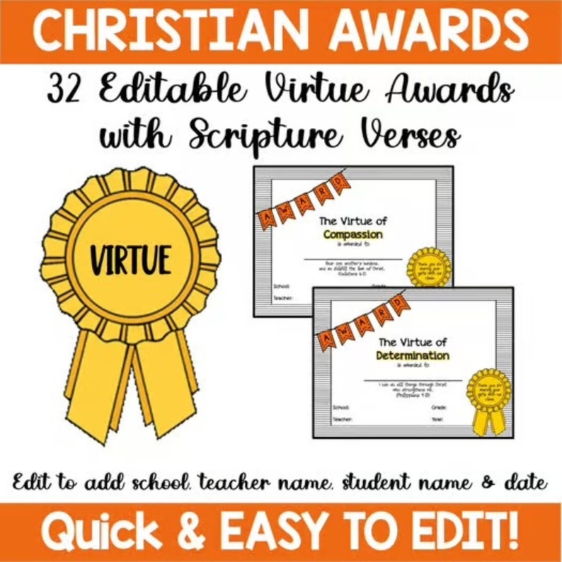 Awards: Editable Christian Virtue Awards With Scripture (yellow and ...