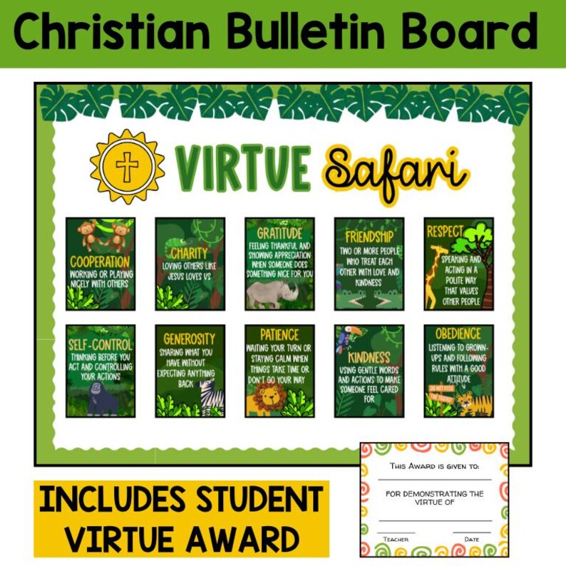 Christian Virtue Bulletin Board and Certificate: Virtue Safari - Etsy