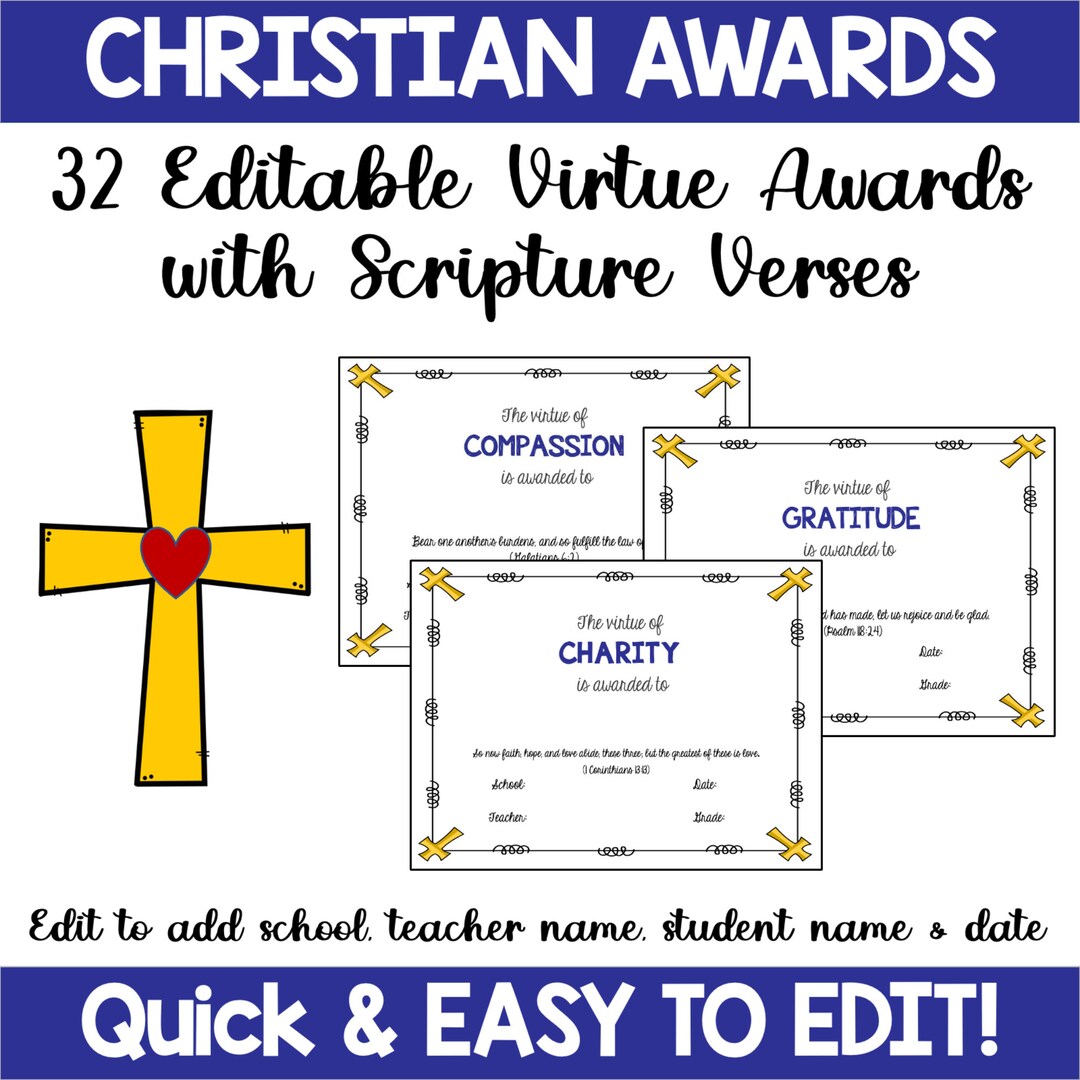 Editable Christian Virtue Awards With Scripture-cross - Etsy