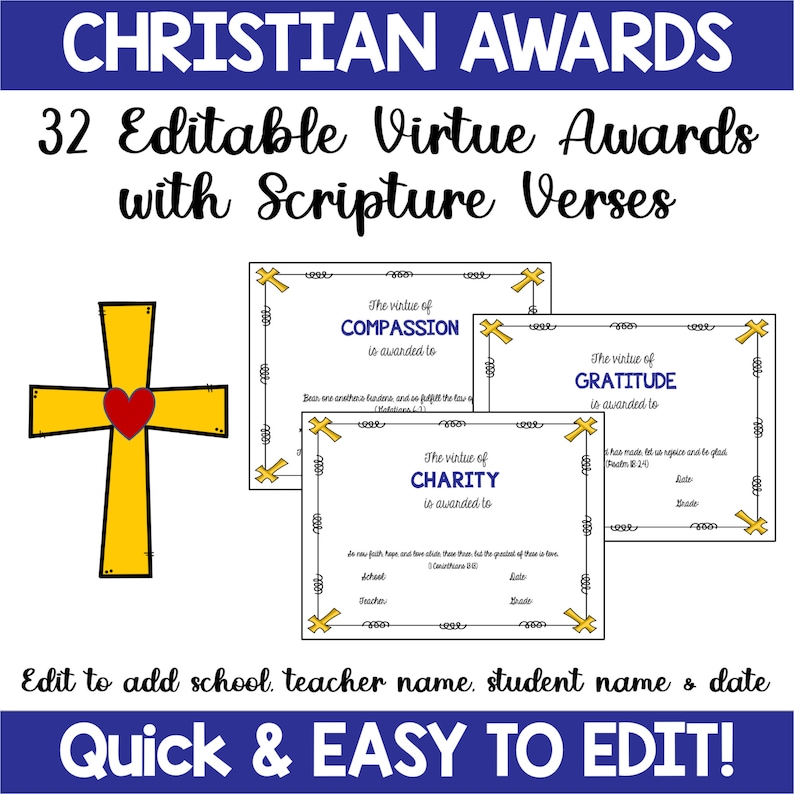 Editable Christian Virtue Awards With Scripture-cross - Etsy