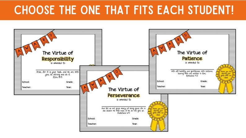 Awards: Editable Christian Virtue Awards With Scripture (yellow and ...