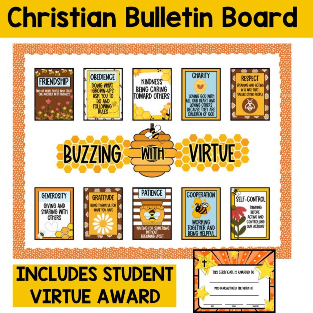 Christian Virtue Bulletin Board and Certificate: Buzzing With Virtue - Etsy