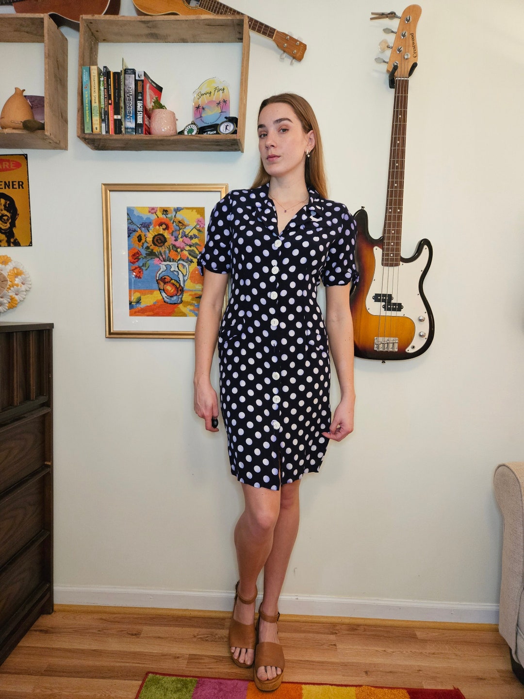 Vintage 1980s "johnathan Martin" Navy Blue Button up Pencil Dress With ...