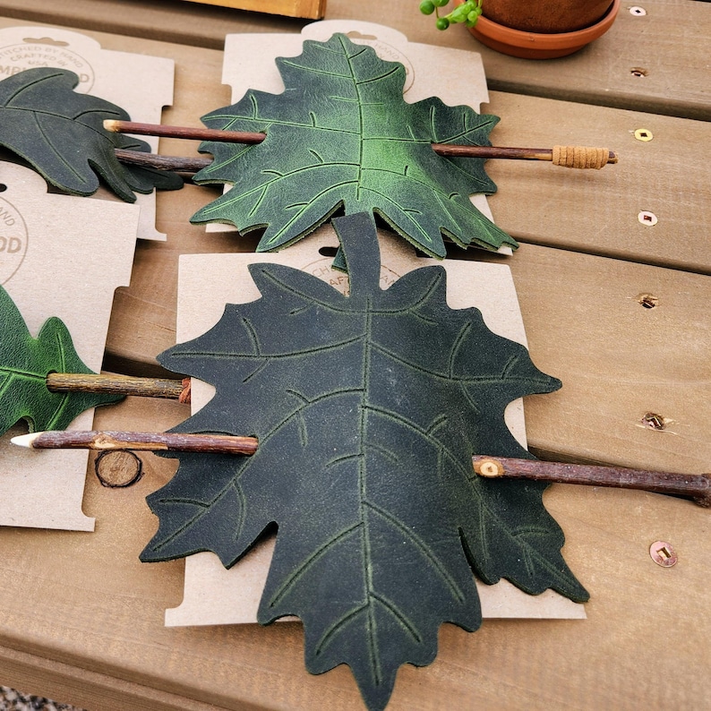 Handmade Elven Leaf Hair Pins – Real Wood and Leather – Maple, Oak, and ...