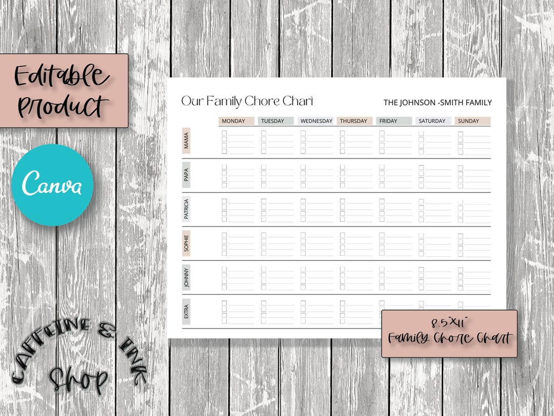 Family Chore Chart, EDITABLE CANVA TEMPLATE, Chore Tracker - Etsy
