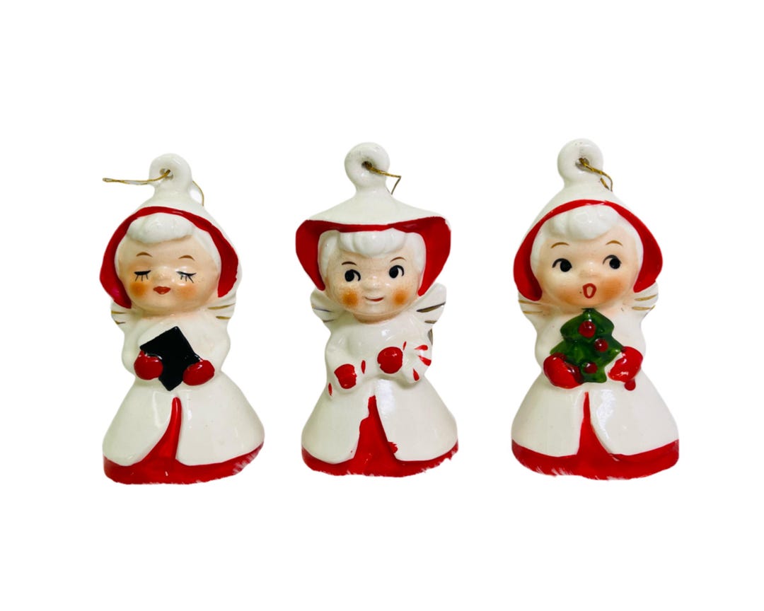 Trio (3) Pixie Angels Christmas Tree Ornaments Hanging Ceramic Girl ...