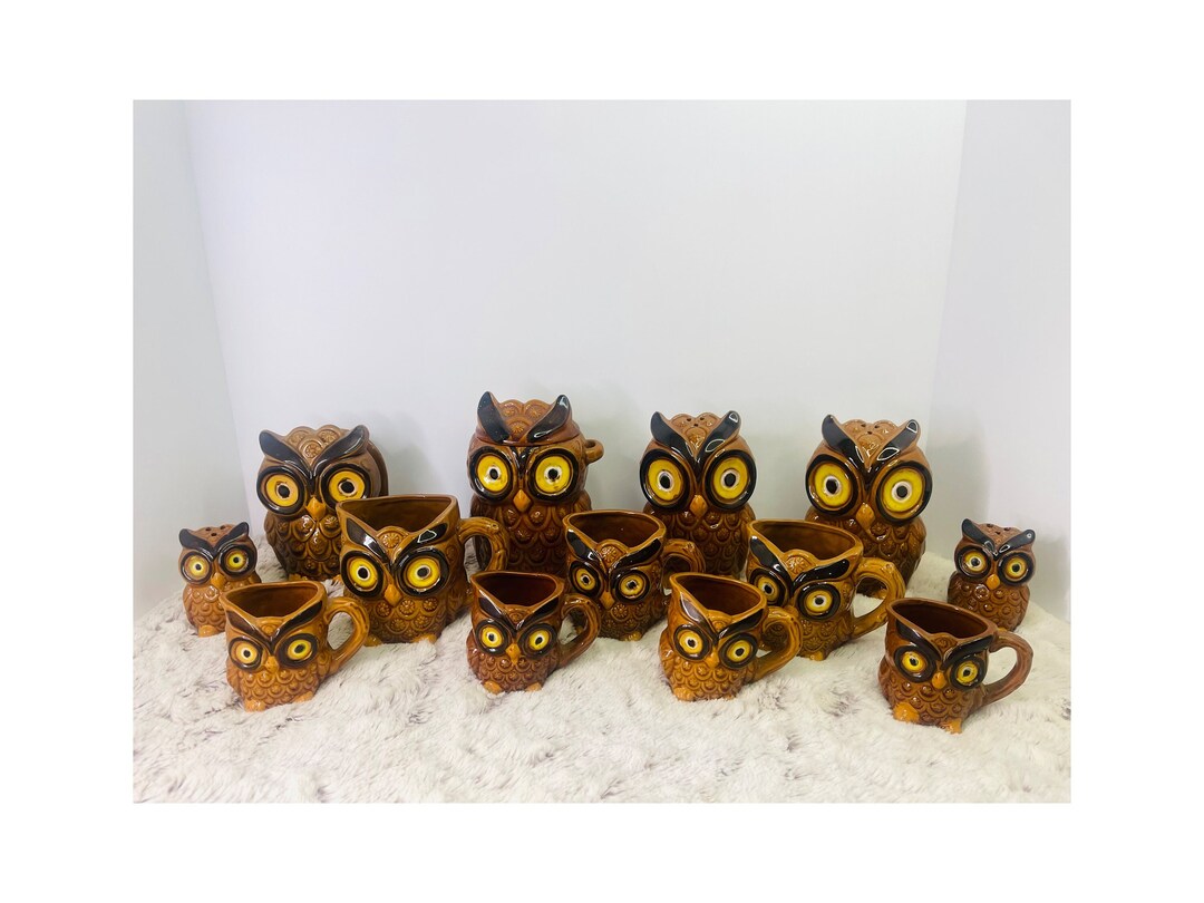 Set of 1970’s Ceramic Owl Measuring Cups, Sugar Canister, Napkin Holder ...