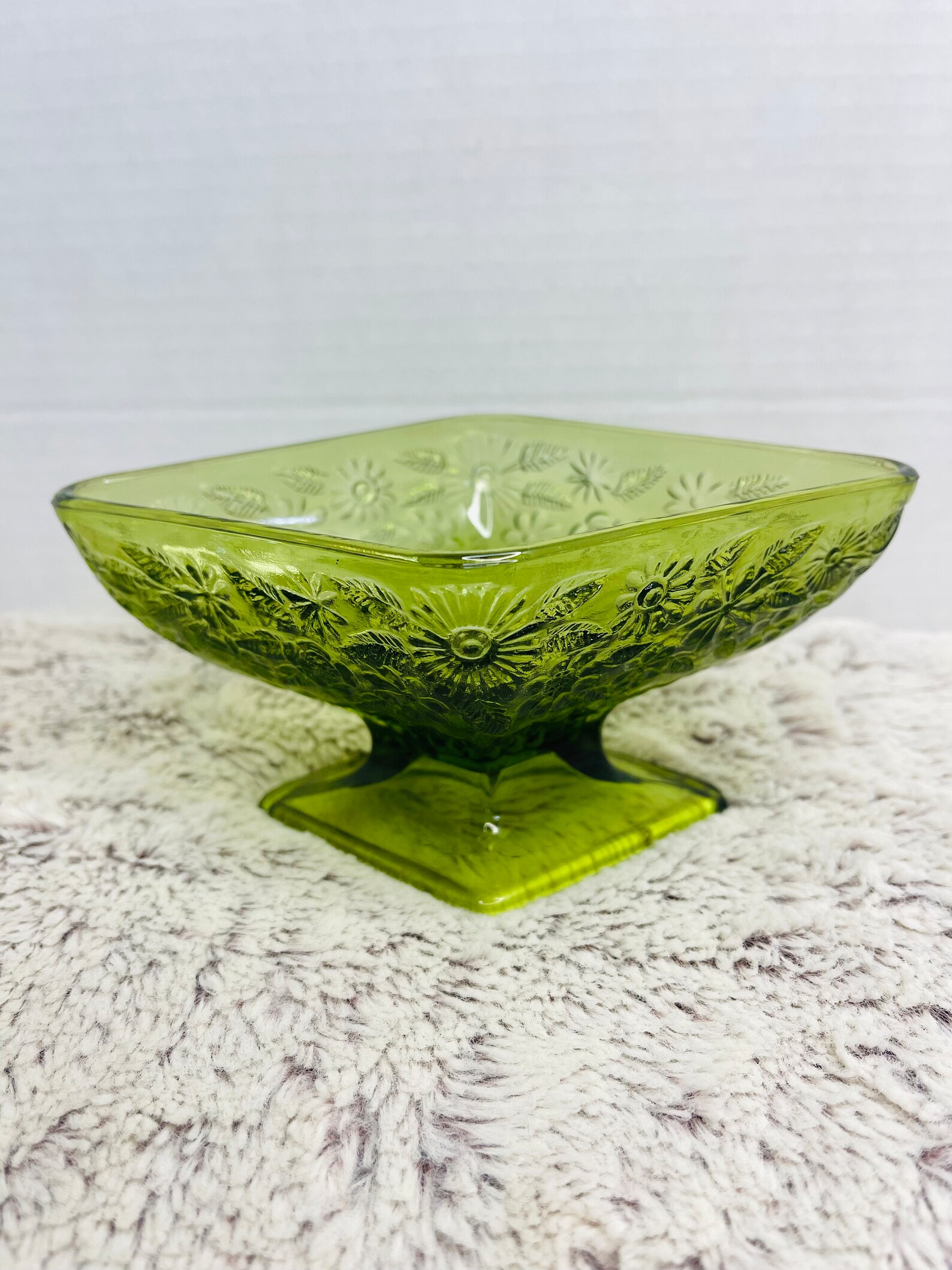 Indiana Glass Candy Nut Dish Olive Green Pedestal Floral Pattern ...