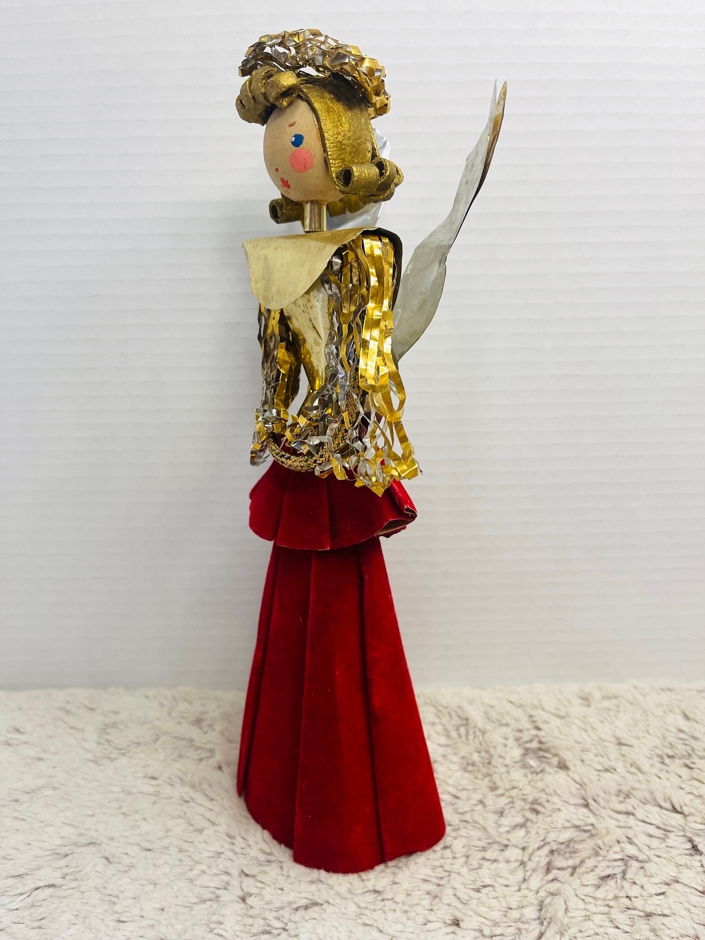 1950’s Wooden Gold Foil Angel Tree Topper Handmade Atomic Flocked Dress ...