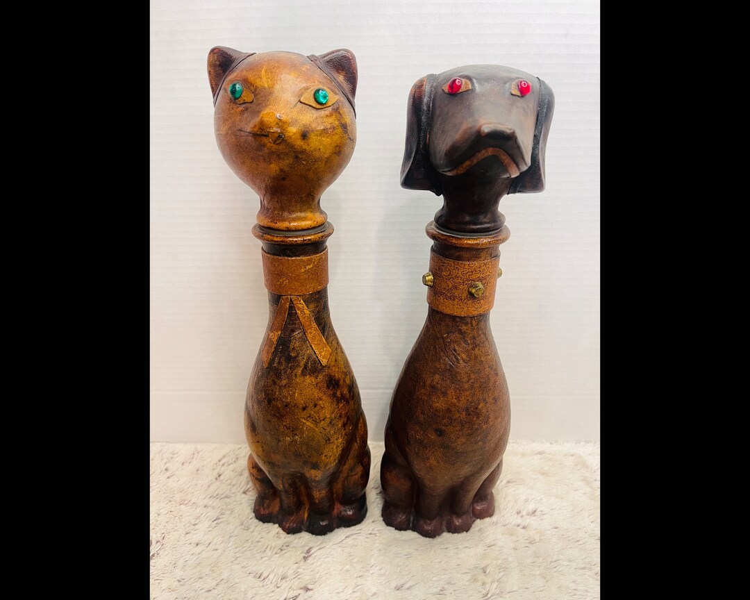 Italian Leather Wrapped Cat & Dog Decanters Leather Figural Decanter ...