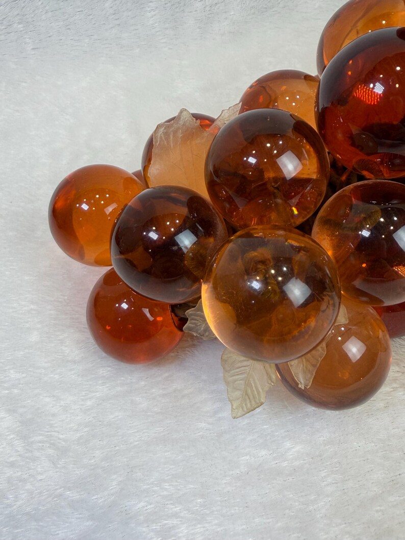12.5” LARGE MCM Amber Orange Lucite Grape Cluster Stem on Driftwood ...