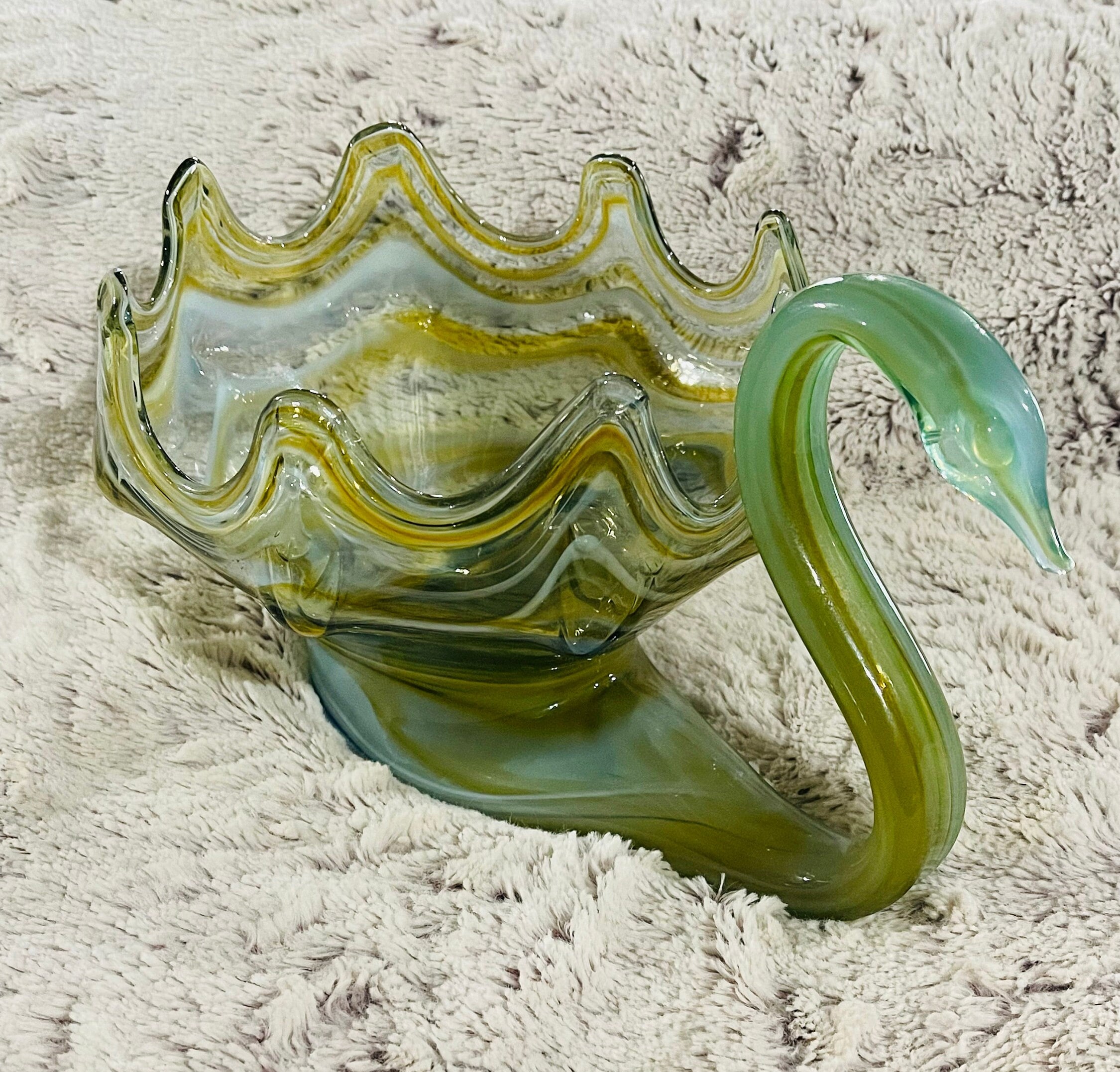 Large Slag Glass Hand Blown Swan Bowl Murano Style Glass Swan Green ...