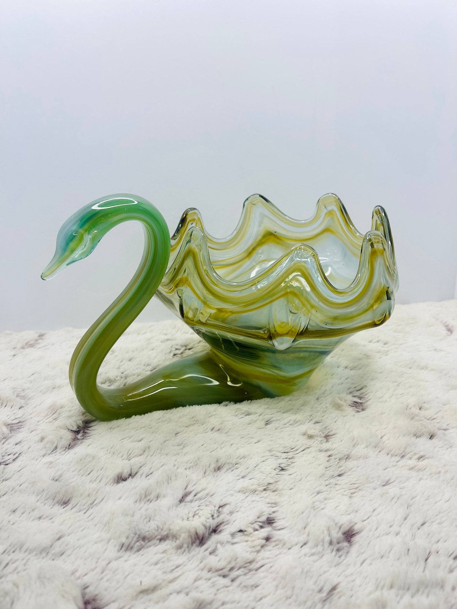 Large Slag Glass Hand Blown Swan Bowl Murano Style Glass Swan Green ...