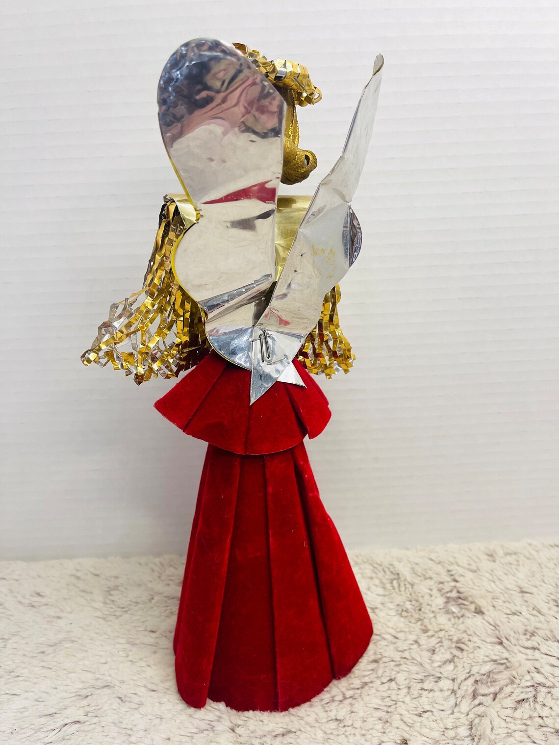 1950’s Wooden Gold Foil Angel Tree Topper Handmade Atomic Flocked Dress ...