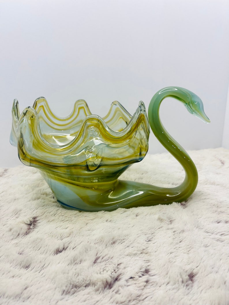 Large Slag Glass Hand Blown Swan Bowl Murano Style Glass Swan Green ...