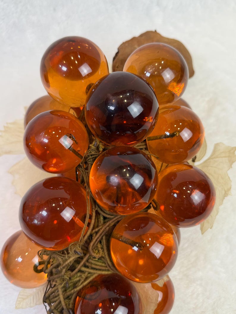12.5” LARGE MCM Amber Orange Lucite Grape Cluster Stem on Driftwood ...