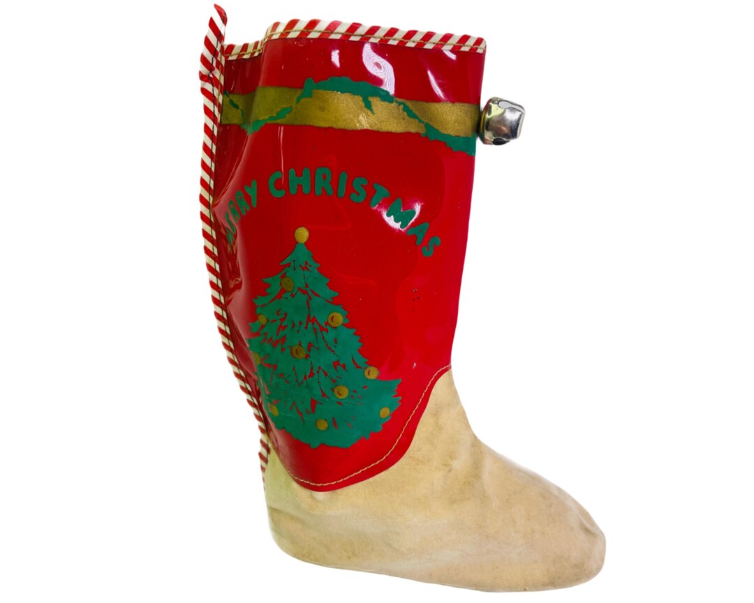 1950's Vinyl Suede Christmas Boot Stocking Merry Christmas W/ Bell MCM ...