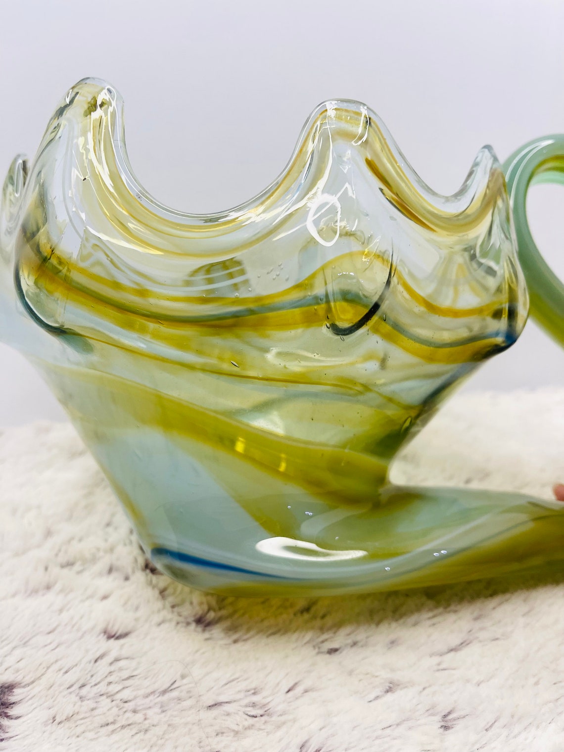 Large Slag Glass Hand Blown Swan Bowl Murano Style Glass Swan Green ...
