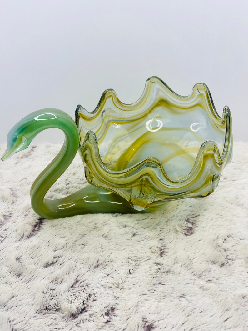 Large Slag Glass Hand Blown Swan Bowl Murano Style Glass Swan Green ...