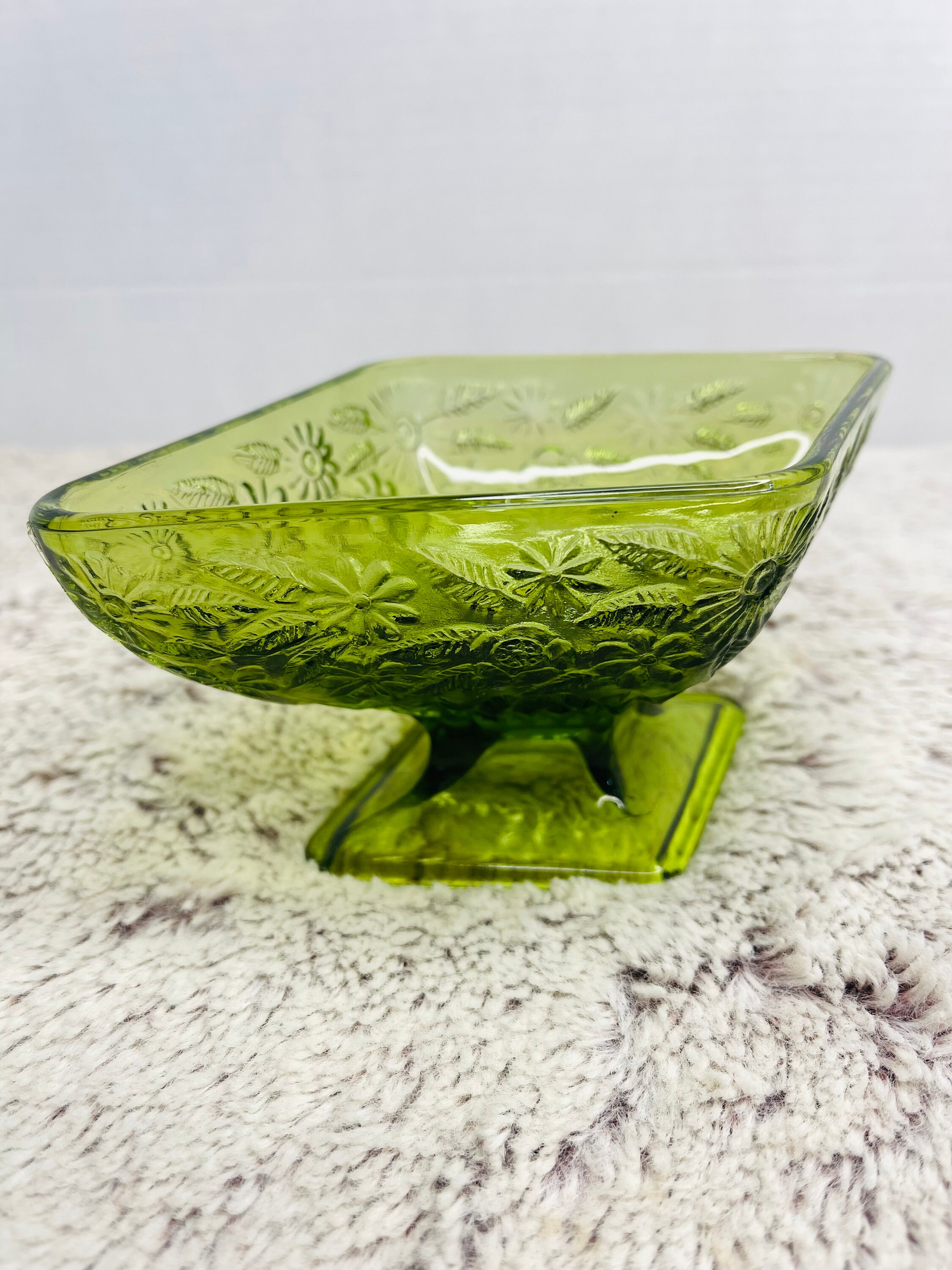 Indiana Glass Candy Nut Dish Olive Green Pedestal Floral Pattern ...
