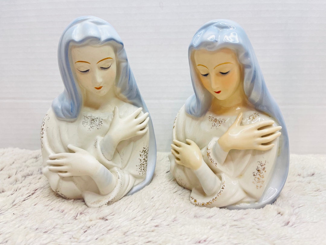 Shafford Madonna Planter Blue White Gold Accents Virgin Mary Religious ...