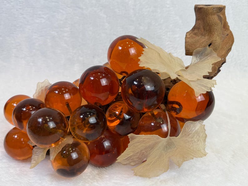 12.5” LARGE MCM Amber Orange Lucite Grape Cluster Stem on Driftwood ...