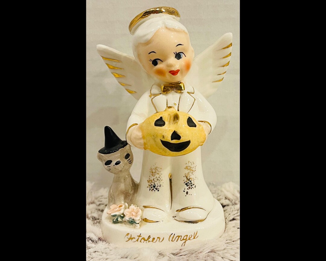 Vintage Napco October Boy Angel With Jack O Lantern and Cat Halloween ...