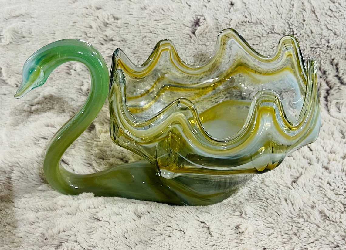 Large Slag Glass Hand Blown Swan Bowl Murano Style Glass Swan Green ...
