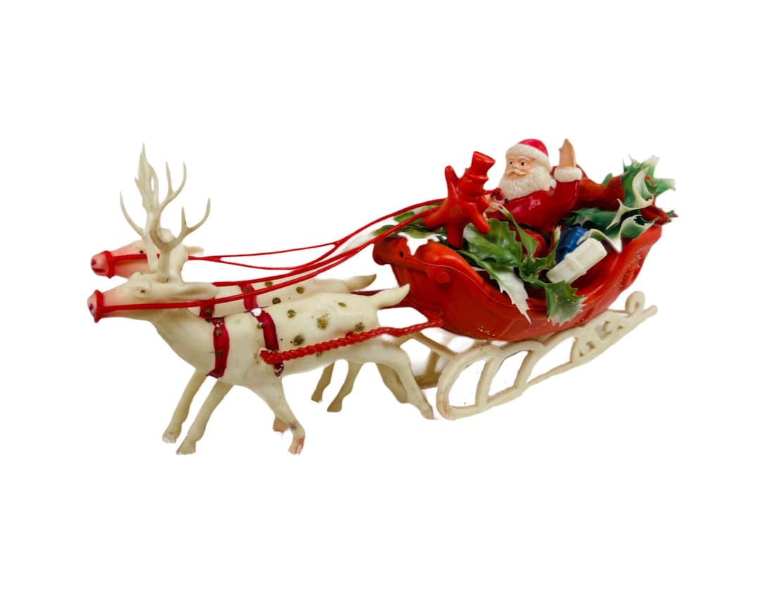 Mid Century Santa Sleigh With 2 Reindeer Hong Kong Plastic Waving Santa ...