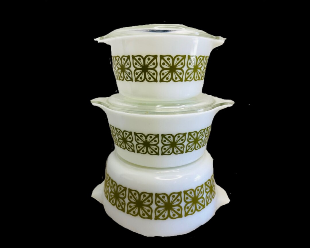 PYREX Bowl Dish Set 5 Pc. Green & White VERDE Autumn Floral Round ...