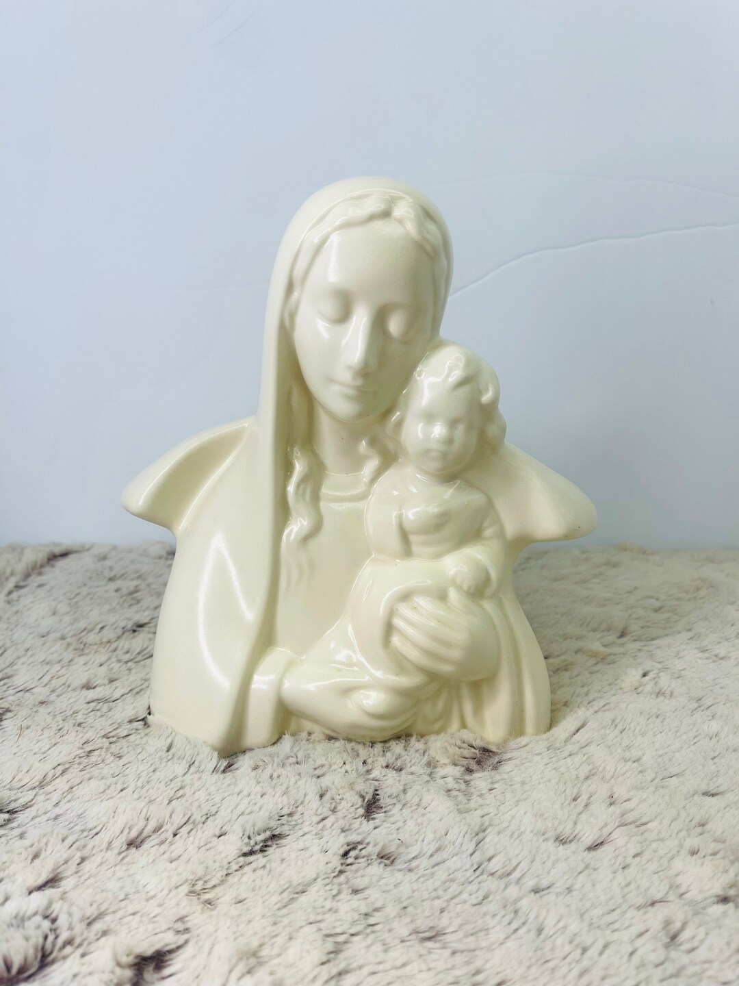 Vintage Madonna Figural Mary and Baby Jesus Planter White Satin Glaze ...